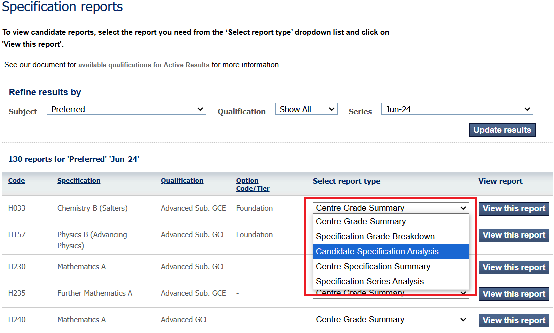 Specification reports